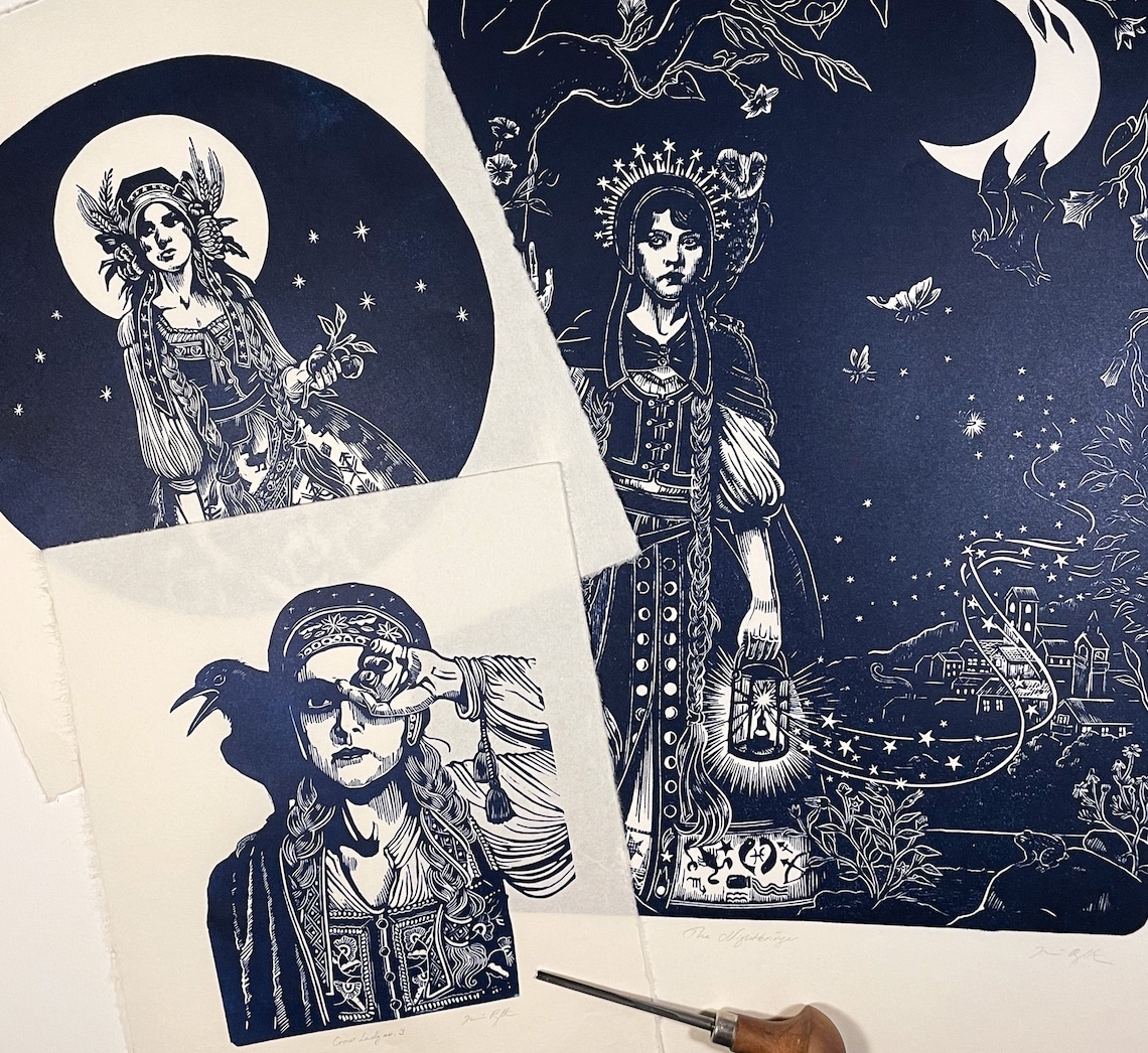 Crow Lady No.3 Original Handcarved Linocut Linoprint - Etsy