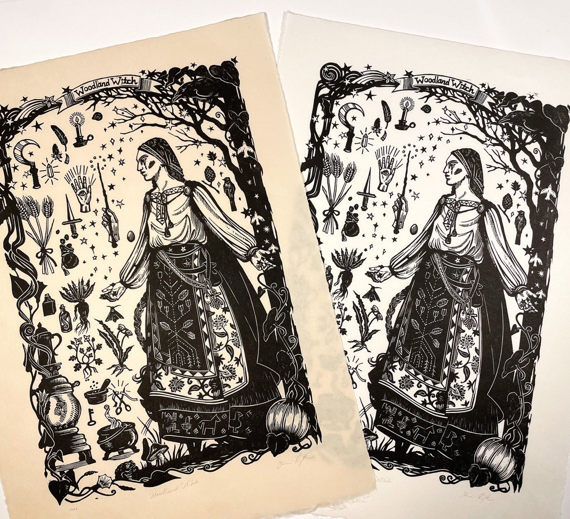 Woodland Witch Original Handcarved Linocut Limited Edition | Etsy