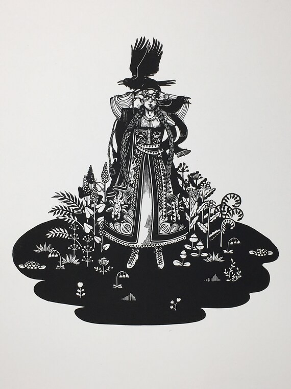 Crow Lady No.4 Original Handcarved Linocut Linoprint B/W - Etsy