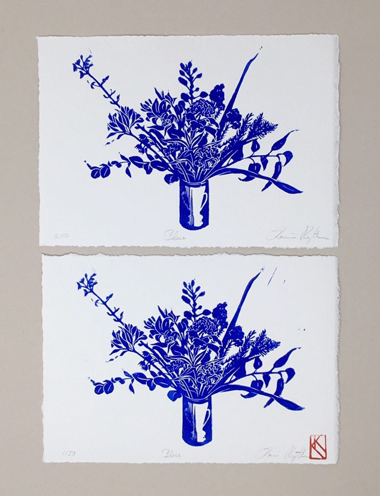 Blue Spring Bouquet Linocut Original Handcarved Linoprint - Etsy