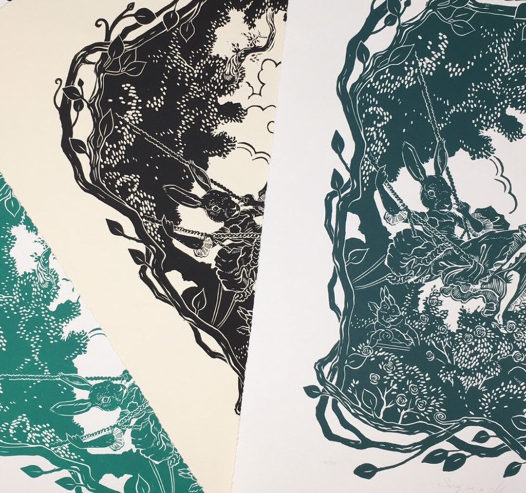 Swing in a Mirror - Original Handcarved Linocut Linoprint, B/W Limited ...