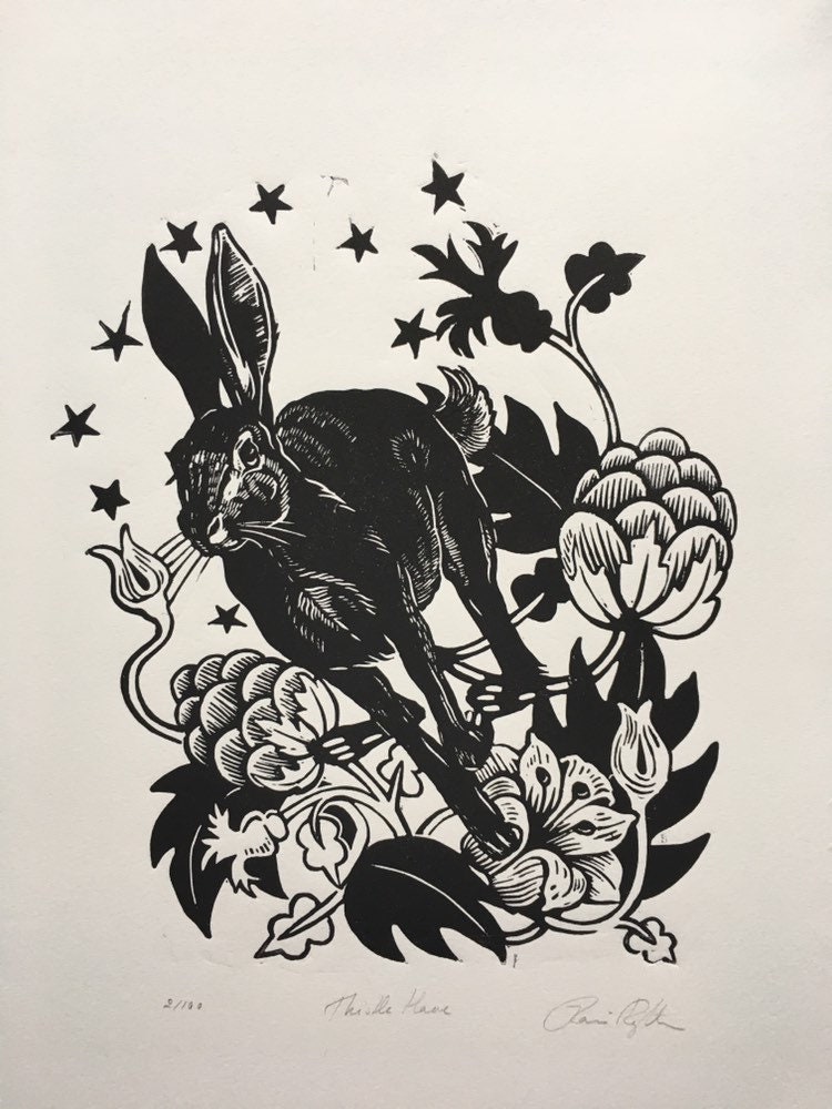 Thistle Hare Linocut Original Handcarved Handmade Linocut | Etsy