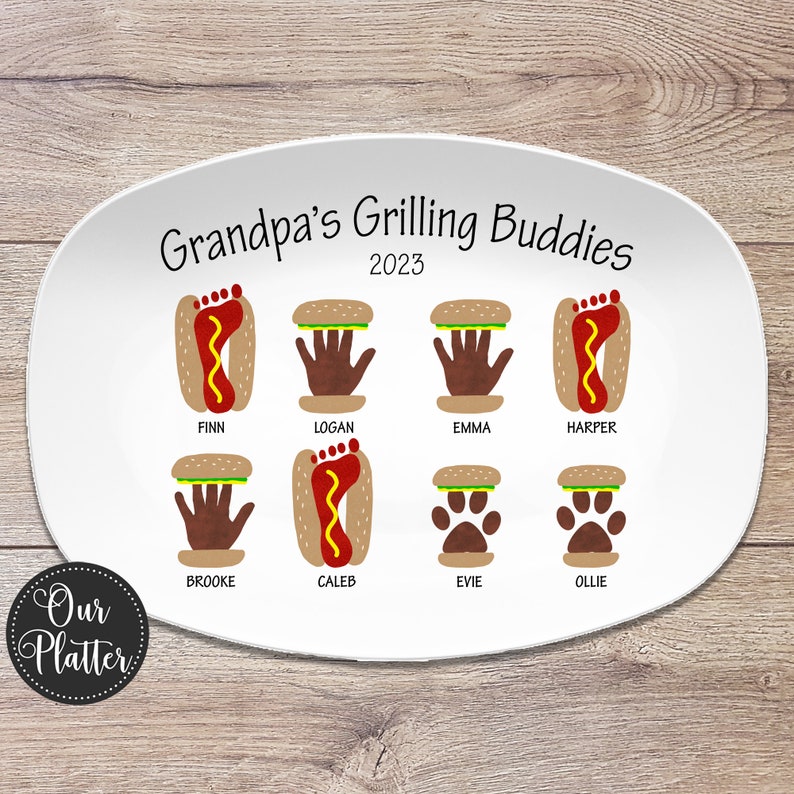 Daddy's Grilling Buddies Burger Hot Dog Plate | Handprint Footprint Paw ...