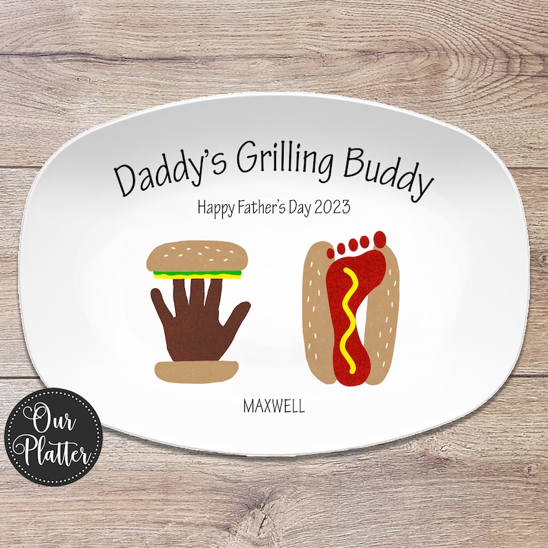 Daddy's Grilling Buddies Burger Hot Dog Plate | Handprint Footprint Paw ...