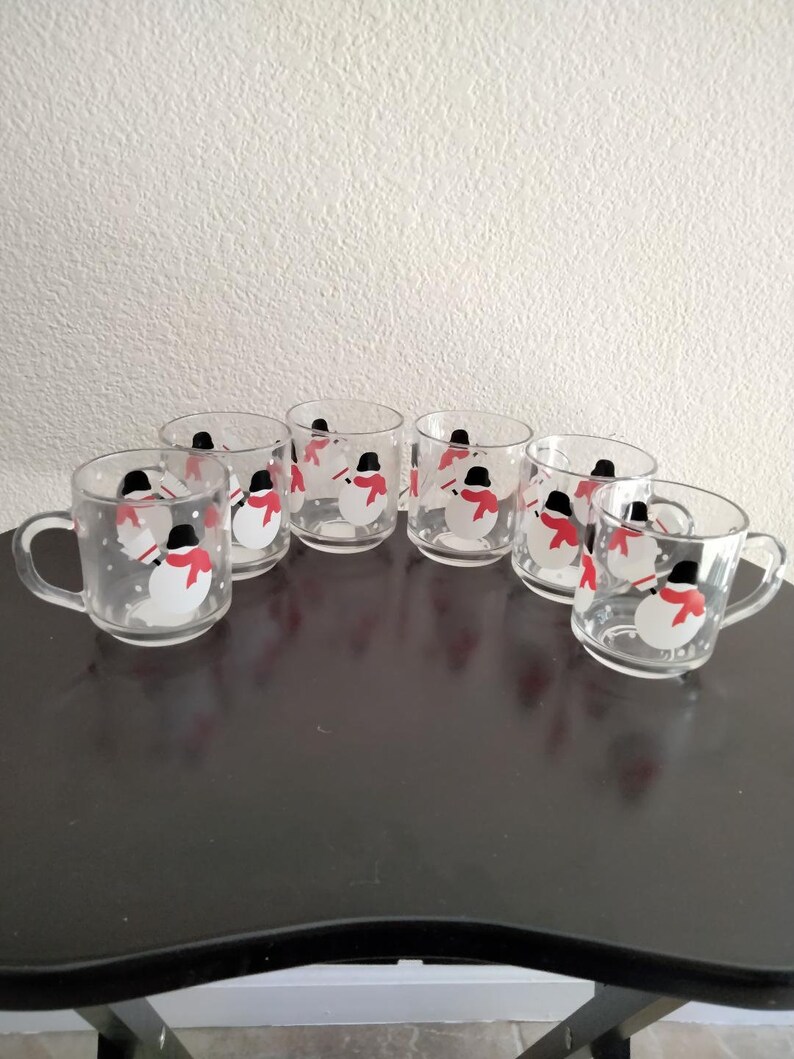 6 Pieces Luminarc Crate & Barrel Clear Snowman Mugs Coffee Cup Holiday ...