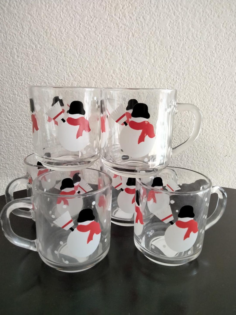 6 Pieces Luminarc Crate & Barrel Clear Snowman Mugs Coffee Cup Holiday ...