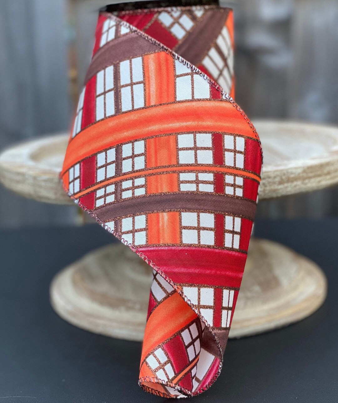 Fall Plaid Wired Ribbon/4 Inch Holiday Ribbon/brown and Orange Wired ...
