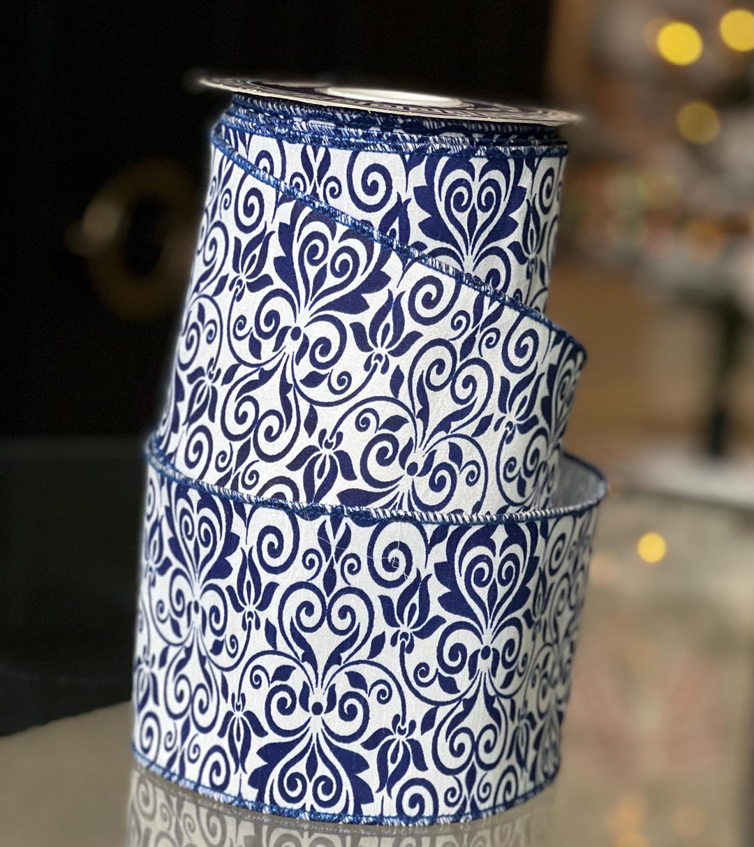 Blue and White Filigree Ribbon, 4 Inch Wired Ribbon, Floral Wired ...