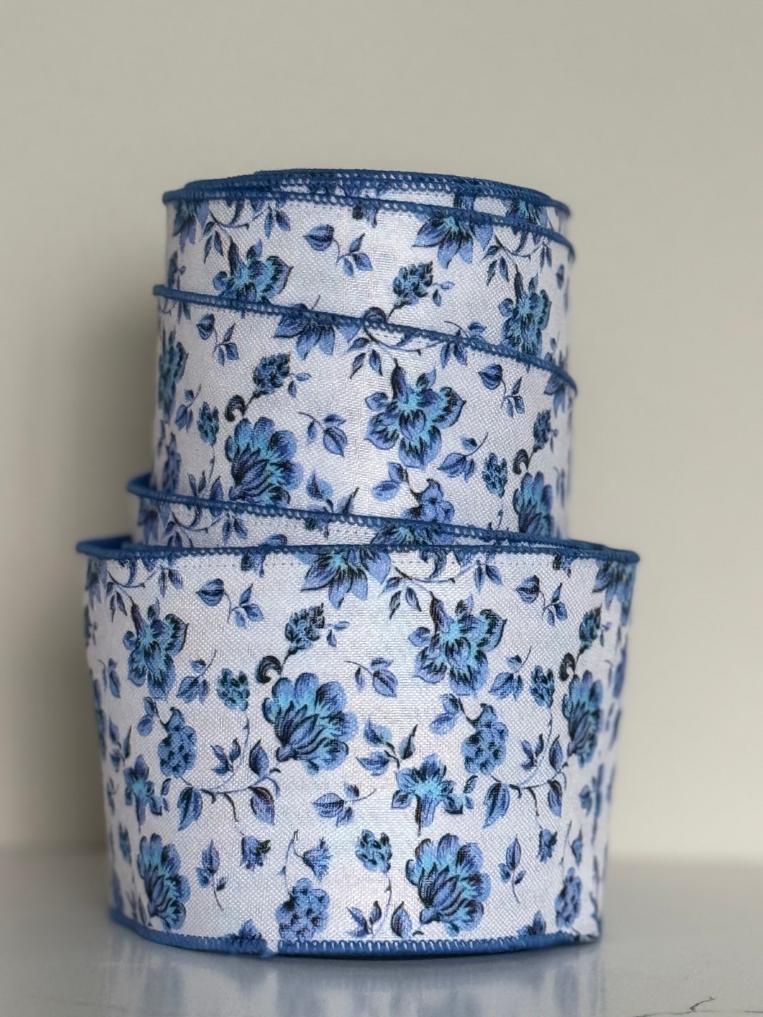 Blue and White Floral Ribbon, 4 Inch Wired Ribbon, Floral Wire Ribbon ...