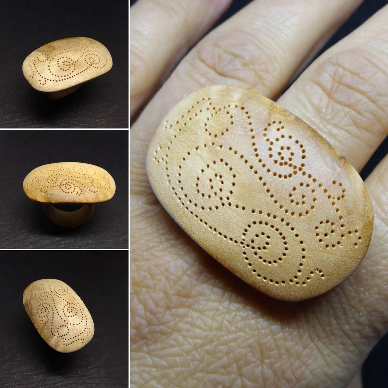 Minimalistic Simple Ash Wood Statement Ring, Light Brown Dotted Organic ...