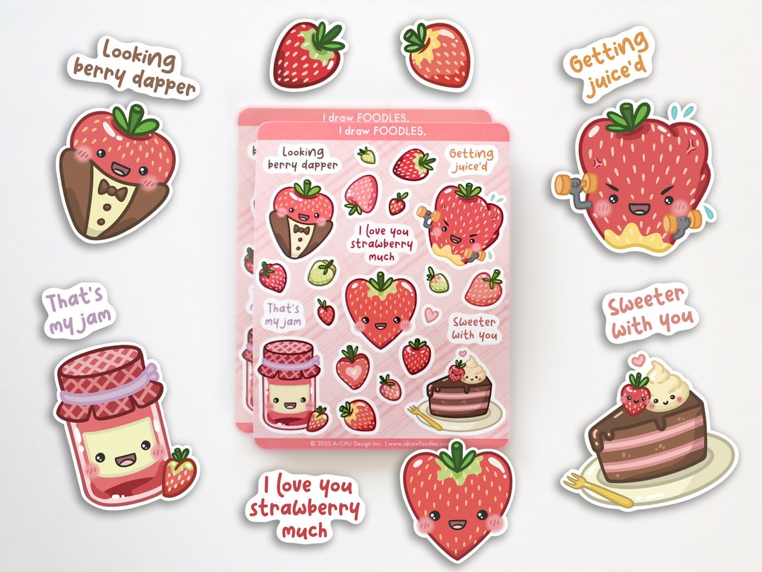 Strawberry Puns Sticker Sheet | Glossy Cute Stickers for Cards Planners ...
