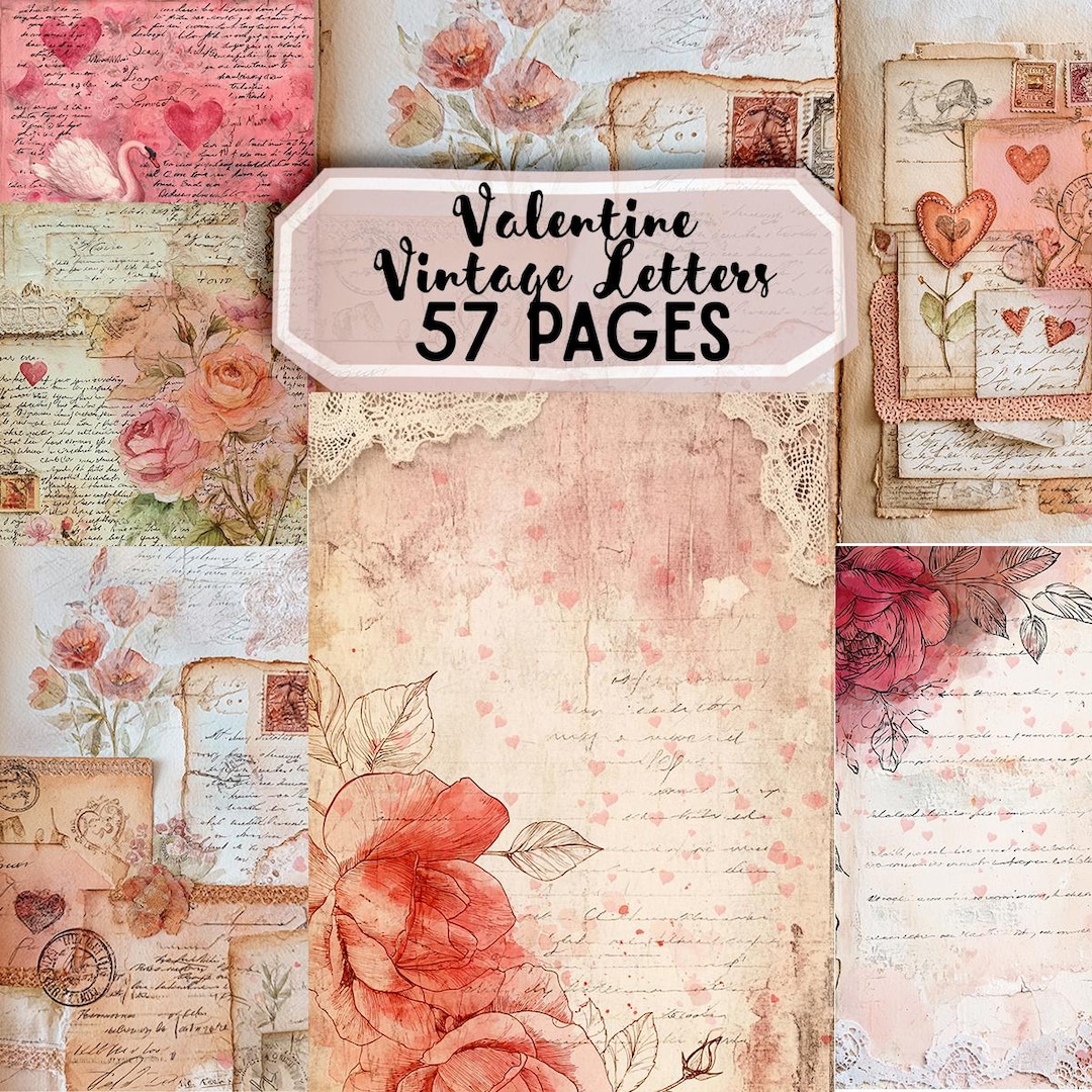 Valentine Vintage Letters Junk Journal Pages, Watercolor Pink Romantic ...