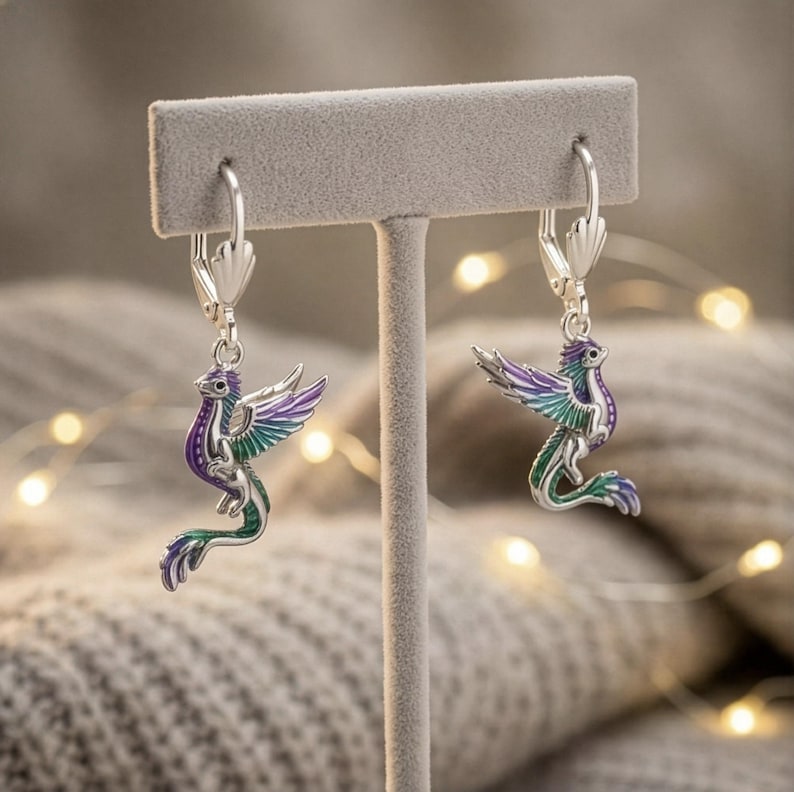 Sterling Silver Dragon Earrings • Purple & Green Enamel Creature • 3D ...
