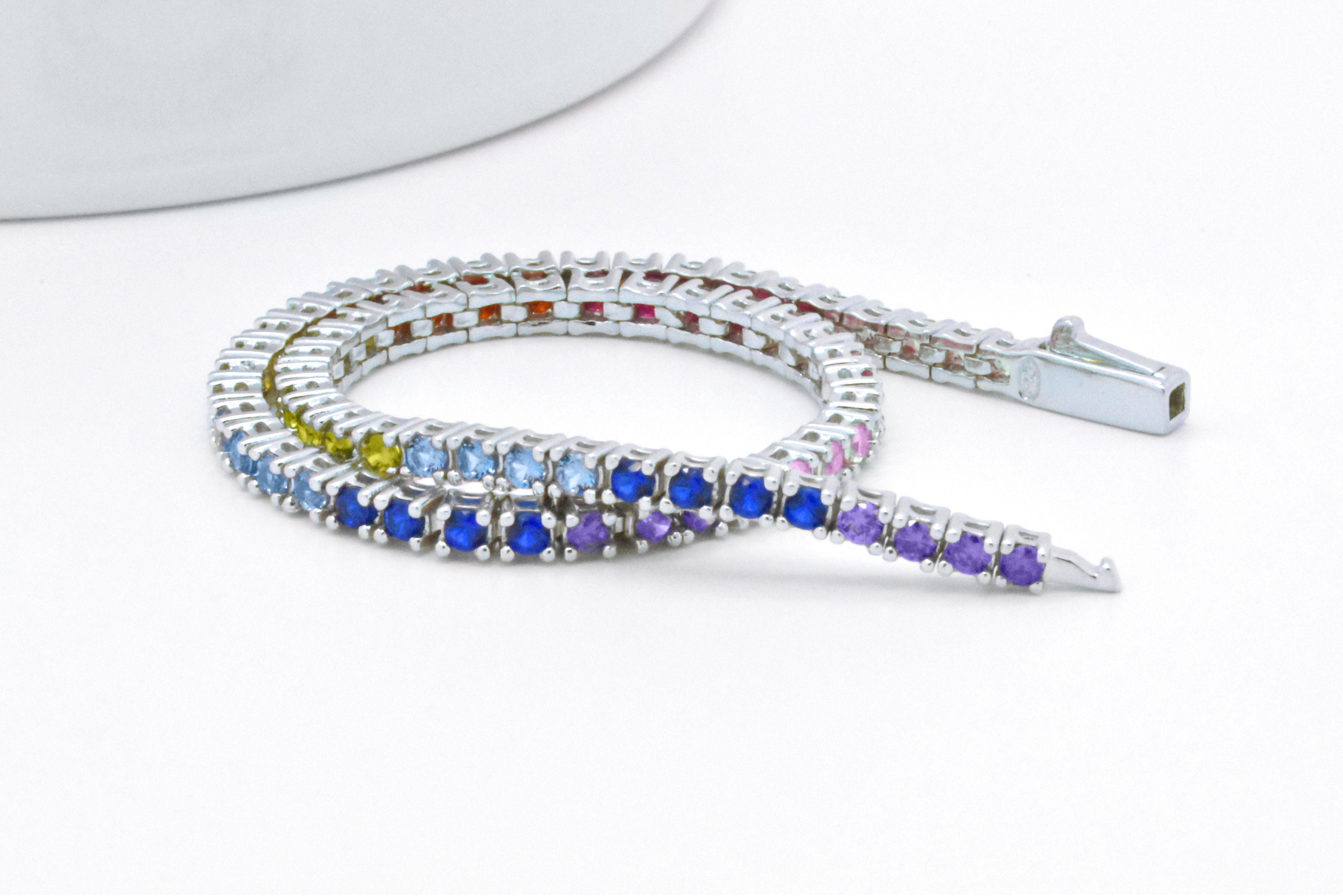 Handmade 925 Sterling Silver Rainbow Multicolor Round Cut Prong Set Sim ...