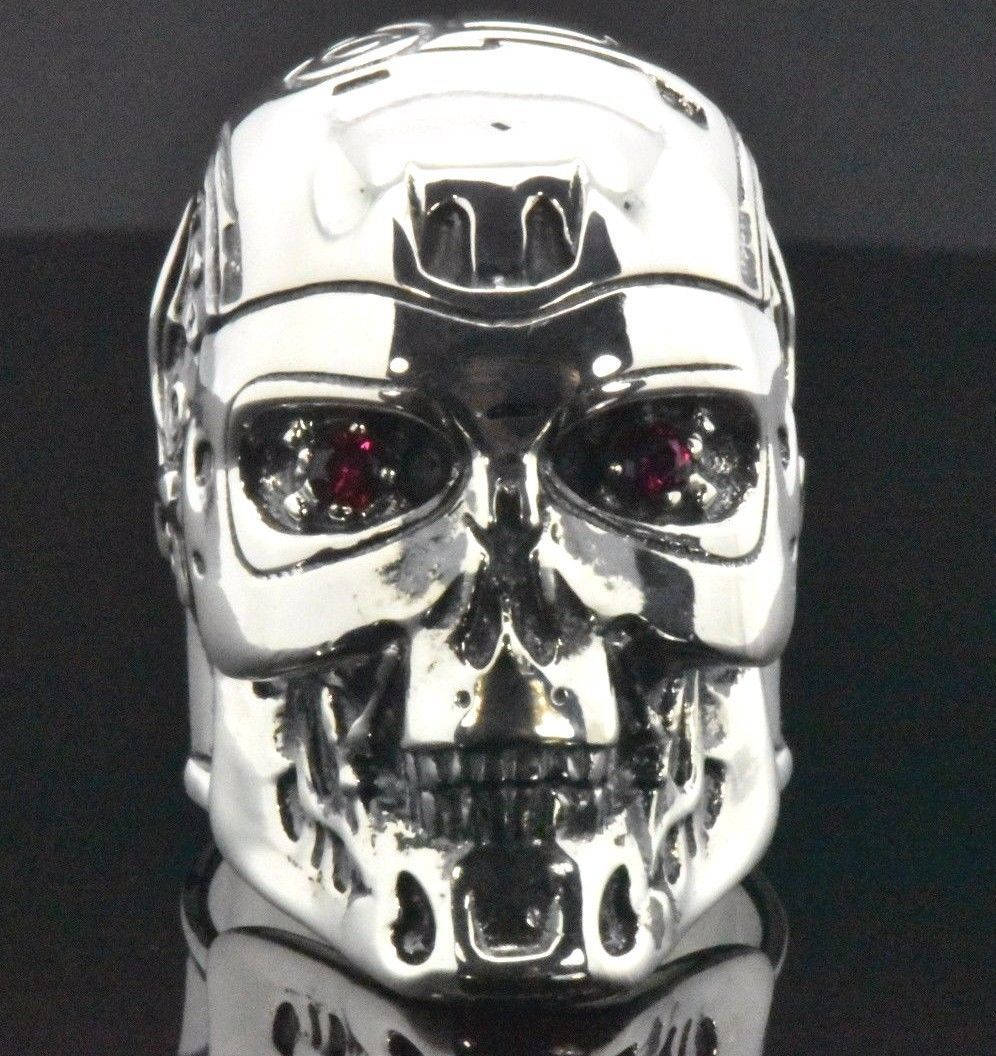 Handmade 925 Sterling Silver Red Ruby Cyborg Gothic Robot Biker Mens ...