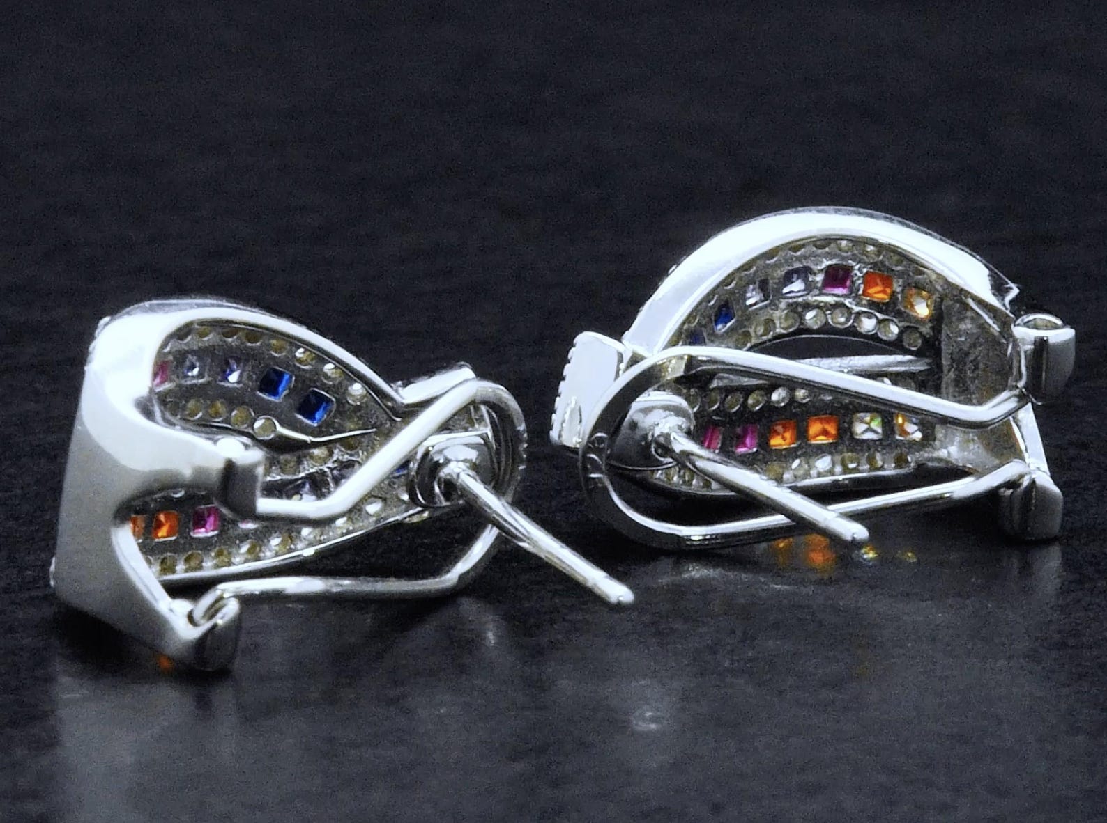 Sterling Silver Rainbow CZ Earrings | Art Deco Omega Backs Fancy Pair ...