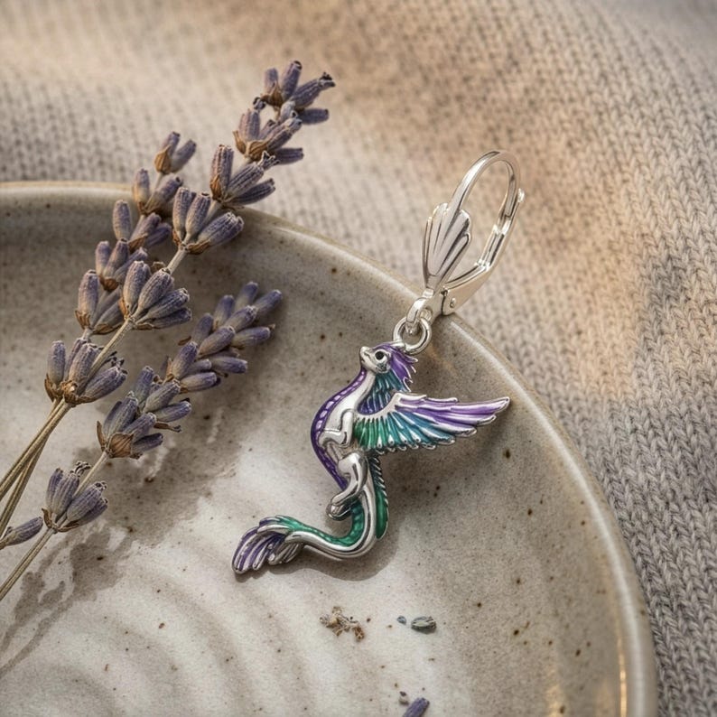 Sterling Silver Dragon Earrings • Purple & Green Enamel Creature • 3D ...