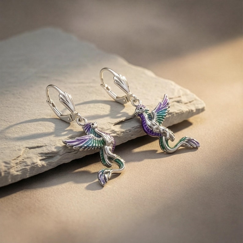 Sterling Silver Dragon Earrings • Purple & Green Enamel Creature • 3D ...