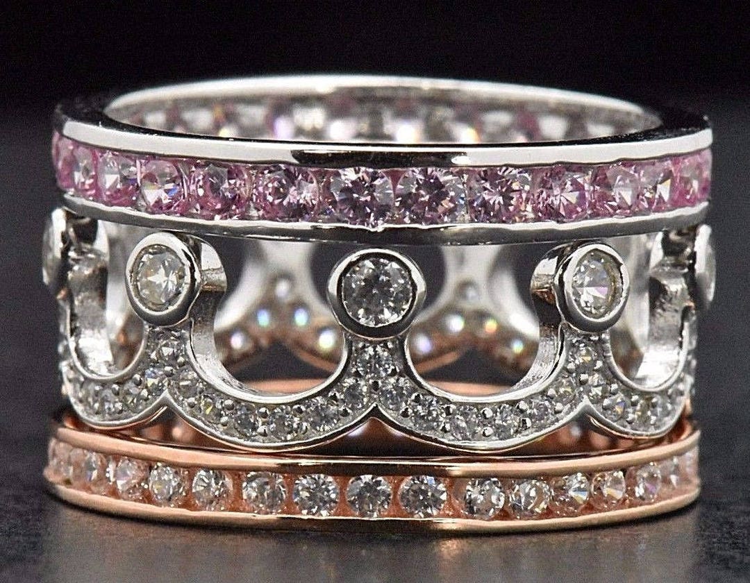 925 Sterling Silver Stackable Rings Eternity Pink Sim Sapphire ...