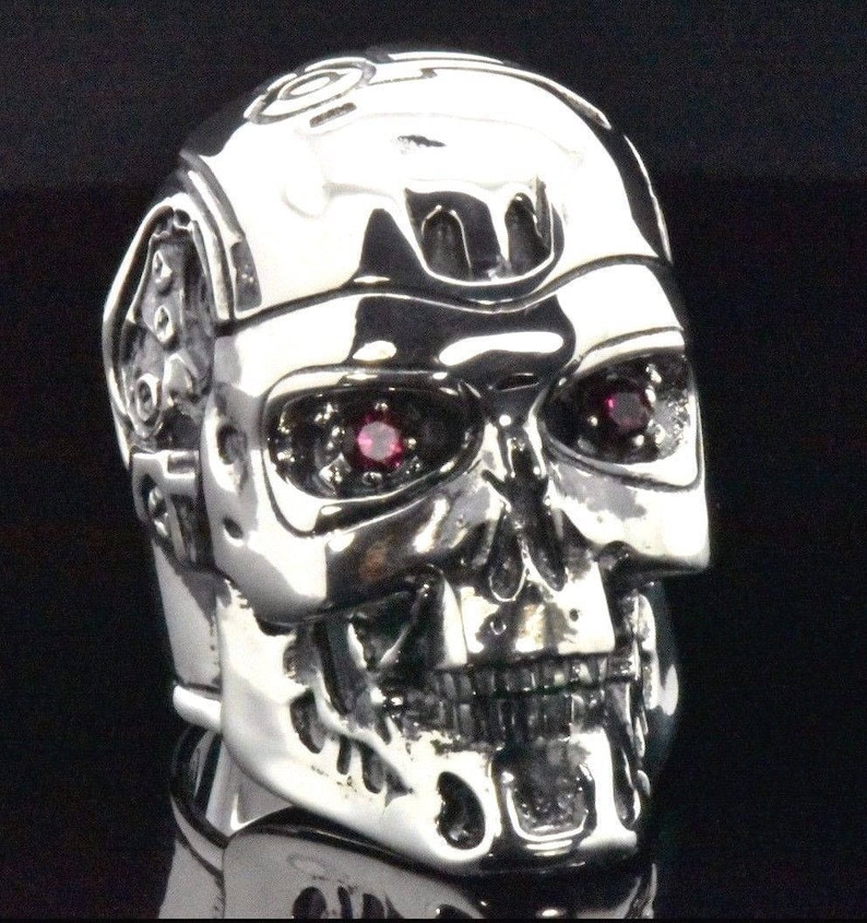 Handmade 925 Sterling Silver Red Ruby Cyborg Gothic Robot Biker Mens ...