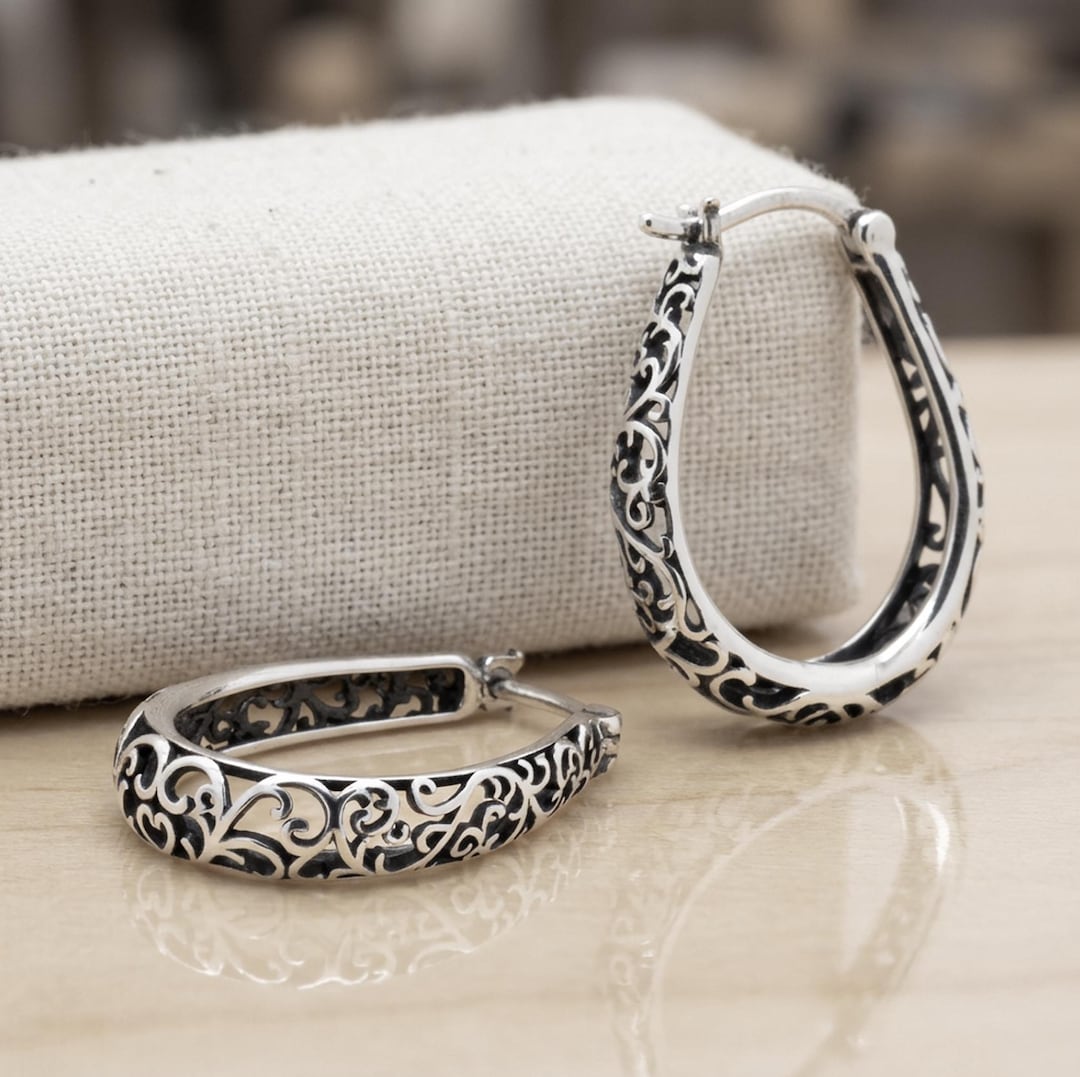 Handmade 925 Sterling Silver Floral Hoop Earrings | Vintage Oxidized ...
