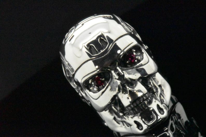 Handmade 925 Sterling Silver Red Ruby Cyborg Gothic Robot Biker Mens ...