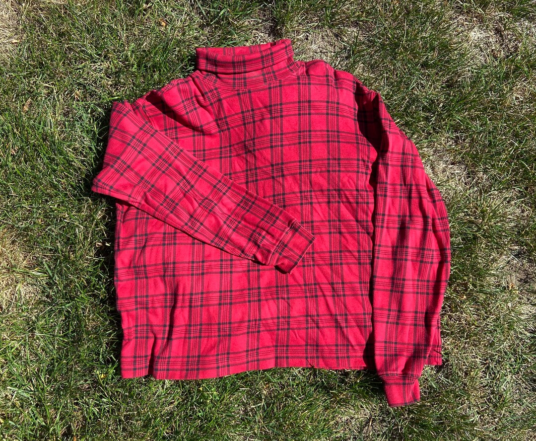 90s Grunge Plaid Turtleneck Red and Black Plaid Turtleneck Long Sleeve ...