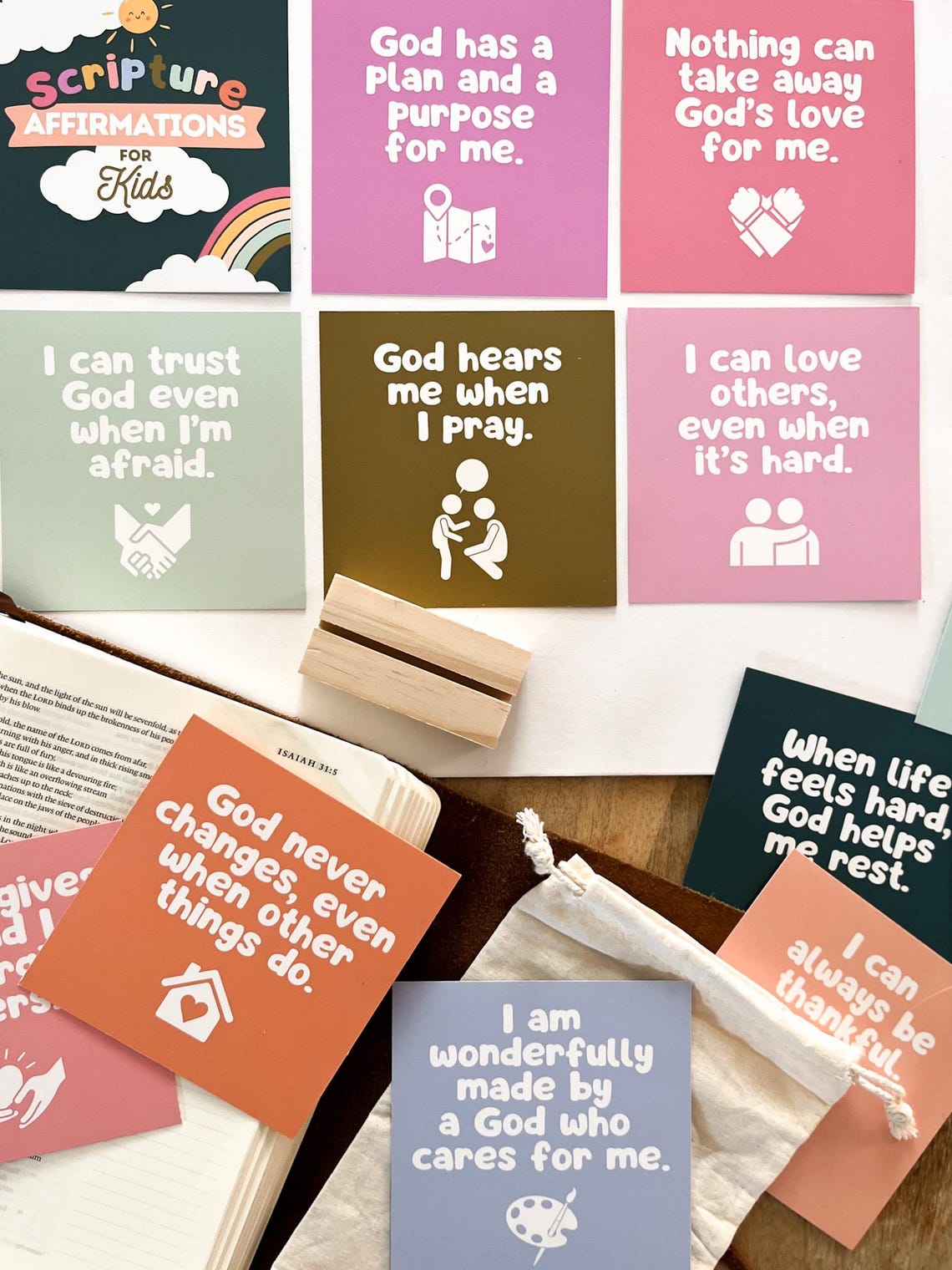 Kids Scripture Affirmation Cards With Wooden Stand: Bible Verse Cards ...