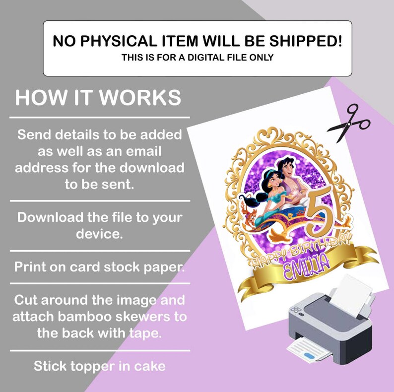 Personalised Disney Princess Jasmine Aladdin Birthday Cake Topper With Any Name, Age Digital ...