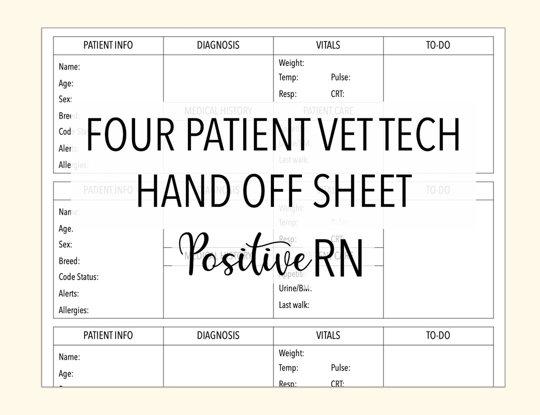 4 Patients Vet Tech Nurse Veterinarian Report Handoff Sheet | RVT RVN ...