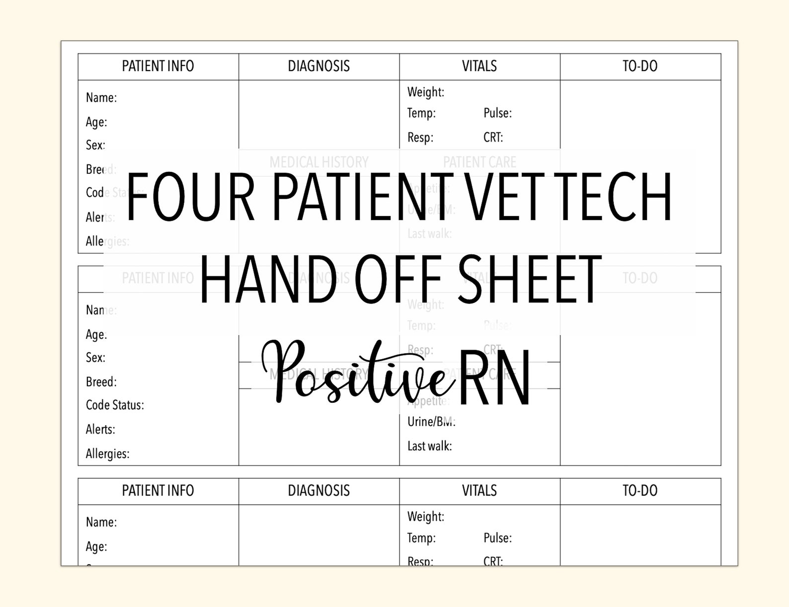 4 Patients Vet Tech Nurse Veterinarian Report Handoff Sheet | RVT RVN ...