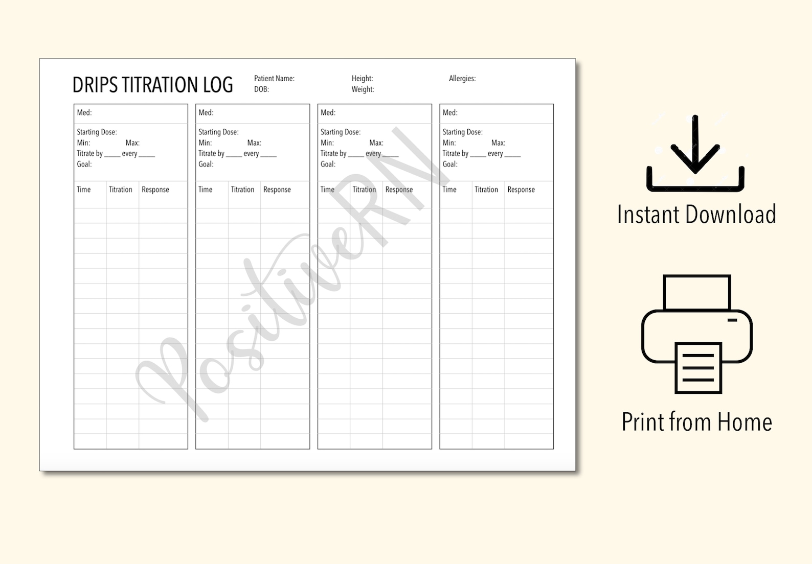 Drips & Medications Titration Log Flowsheet Instant Download - Etsy