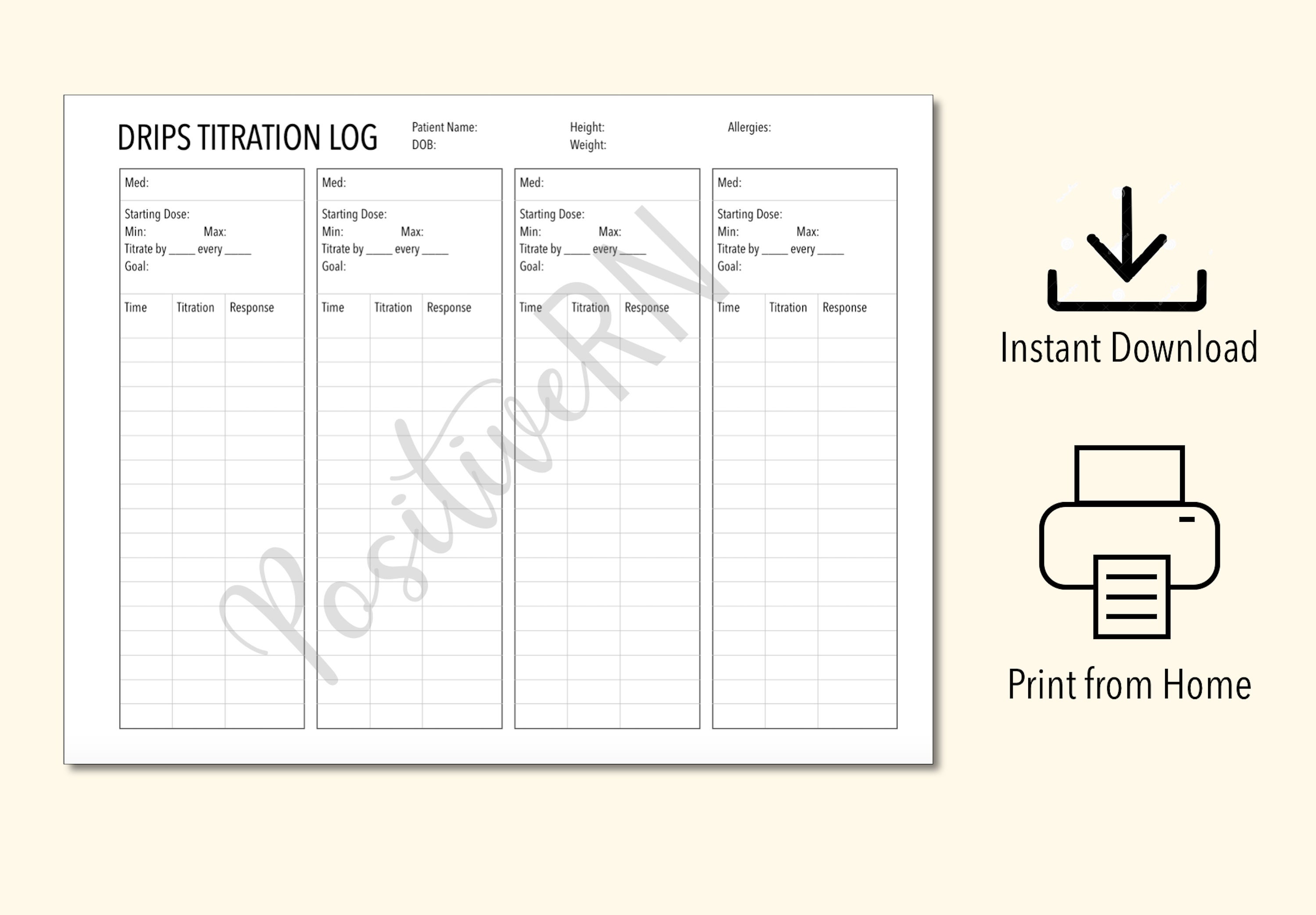 Drips & Medications Titration Log Flowsheet Instant Download - Etsy