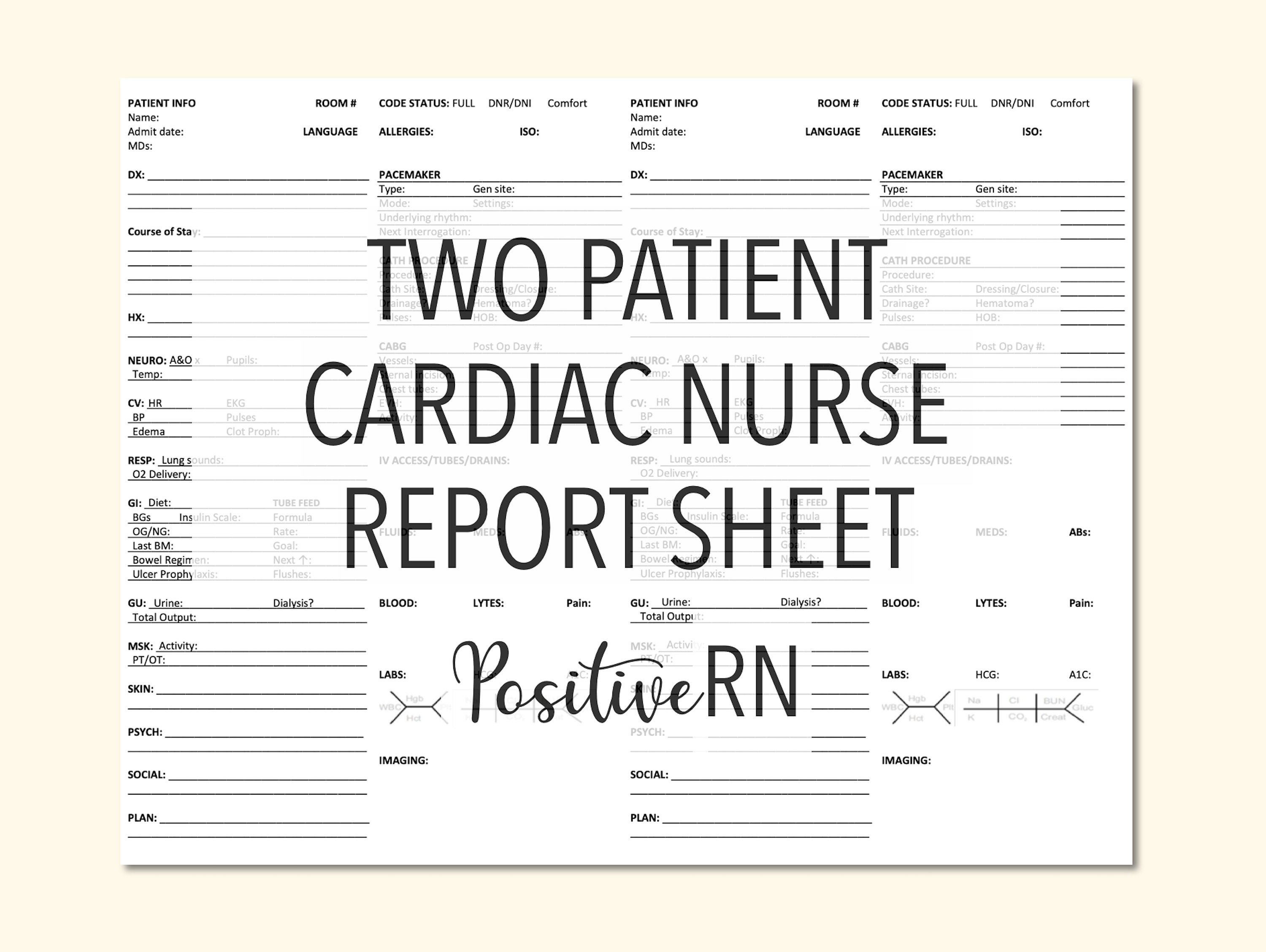 Cardiac ICU Nurse Report Sheet: Two Patient Template (digital Download ...