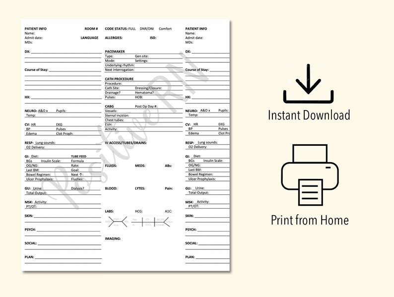 Cardiac ICU Nurse Report Sheet: Two Patient Template (digital Download ...