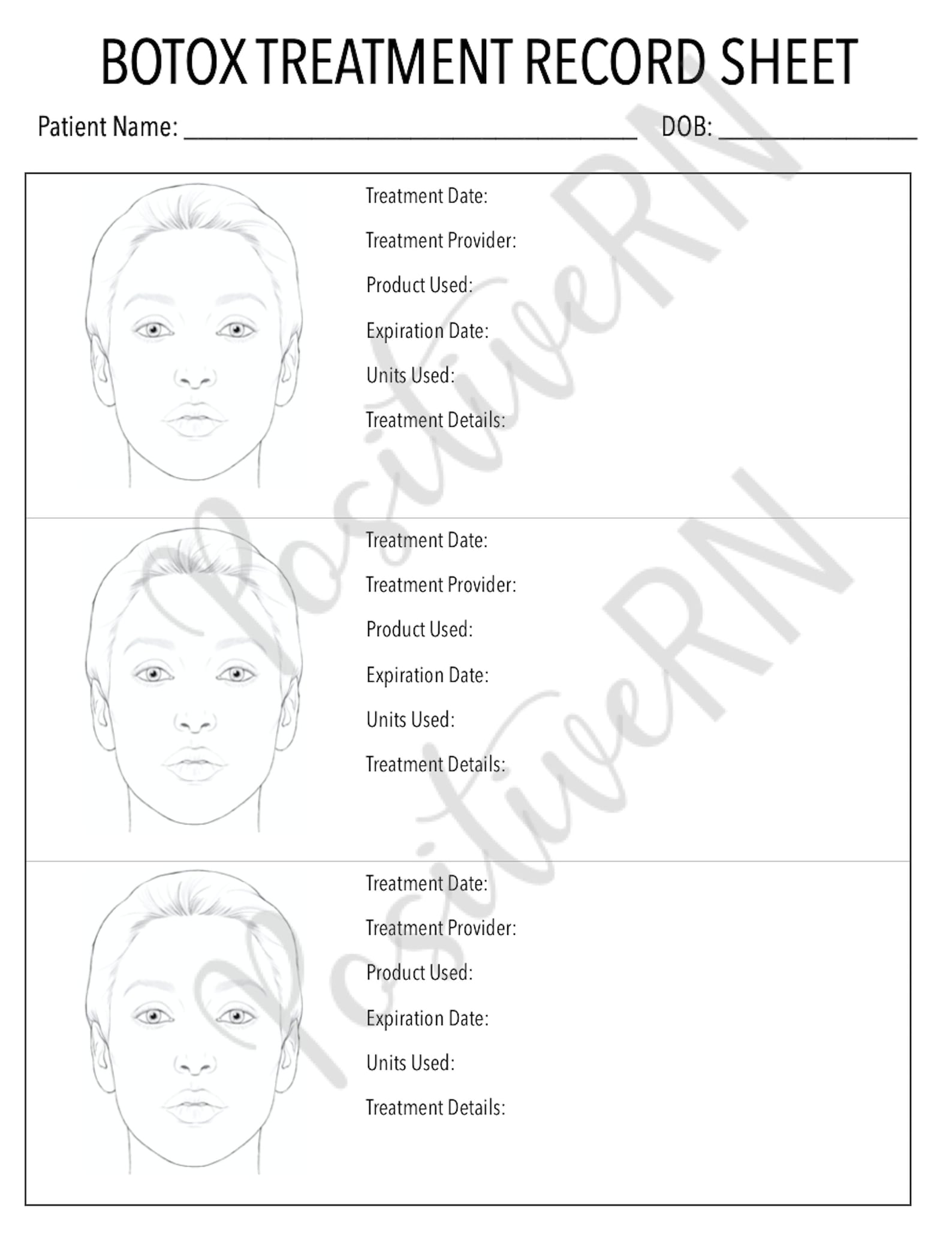 Botox Treatment Record Sheet One Patient Three Visits - Etsy