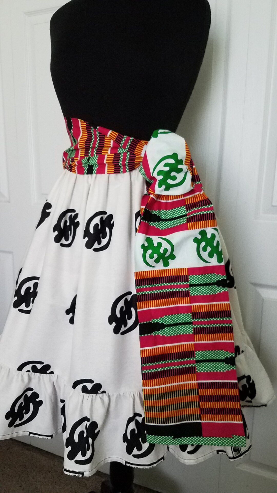 Pink Green Gye Nyame Midi Skirt With Pockets Wide Tie-belt High Waisted ...