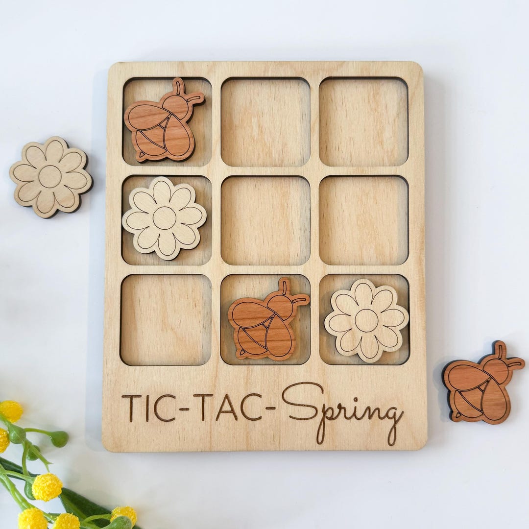 Spring Tic-tac-toe Wooden Board Game Floral and Squirrel Design Premium ...