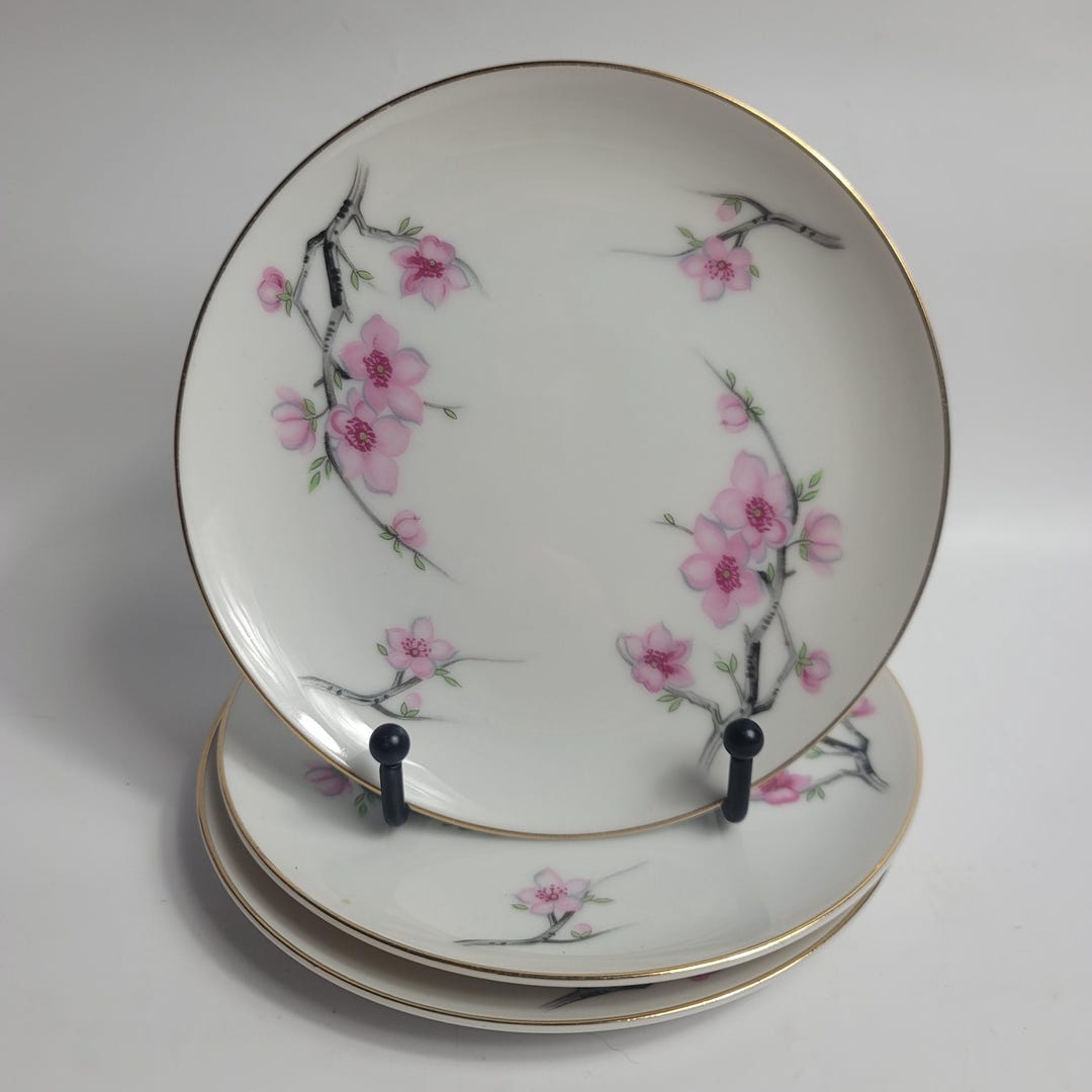 THREE Diamond China Cherry Blossom Bread Plates White With Pink Flowers ...