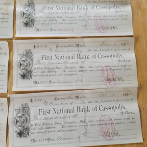 Antique Bank Paper 1885 Promissory Notes First Nat'l Bank Cassopolis MI ...