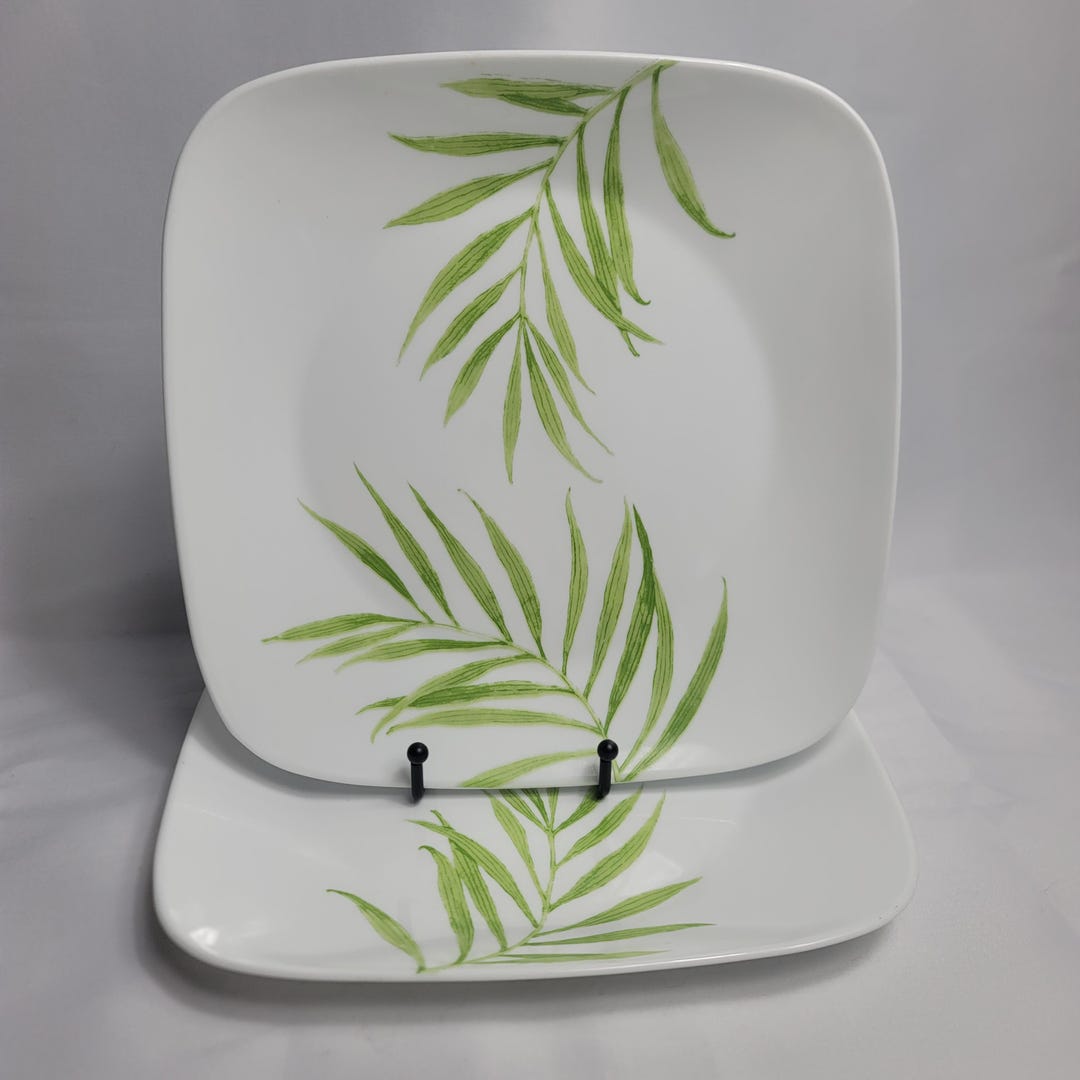 TWO Corning Corelle Bamboo Leaf Square Dinner Plates White Green Bamboo ...