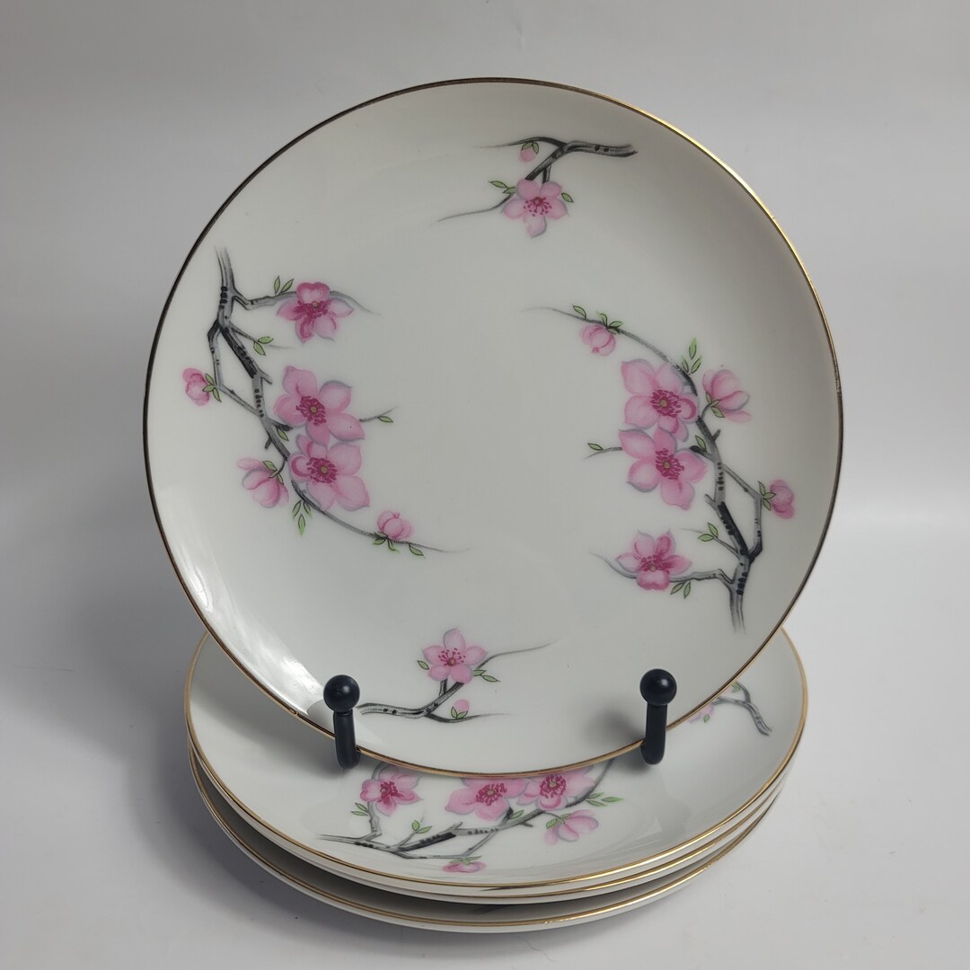 FOUR Diamond China Cherry Blossom Bread Plates White With Pink Flowers ...