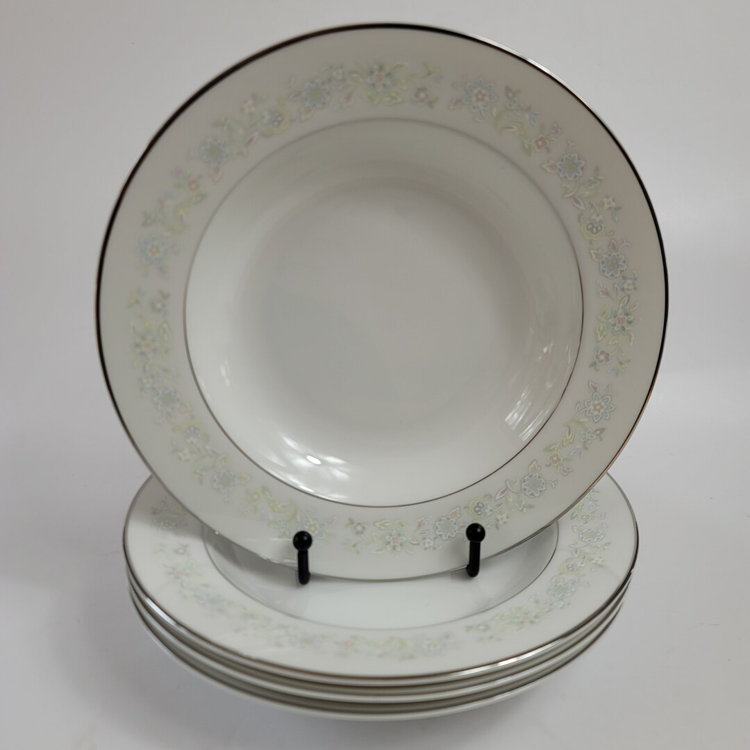 FOUR Sango China Angelique #3781 Soup Bowls White Pink & Blue Flowers ...