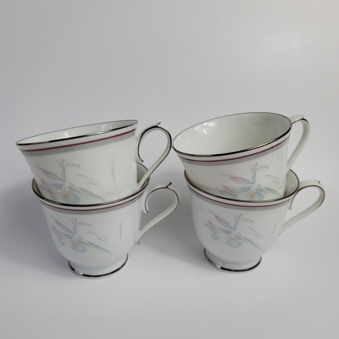 FOUR (4) Noritake China Malverne Cups White Maroon & Gray Bands Blue ...