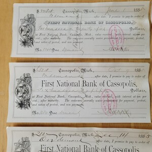 Antique Bank Paper 1885 Promissory Notes First Nat'l Bank Cassopolis MI ...