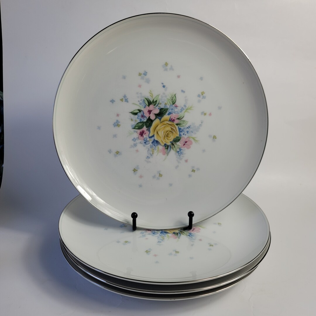 FOUR Sango Melanie Dinner Plates White Yellow Pink & Blue Flowers Coupe ...