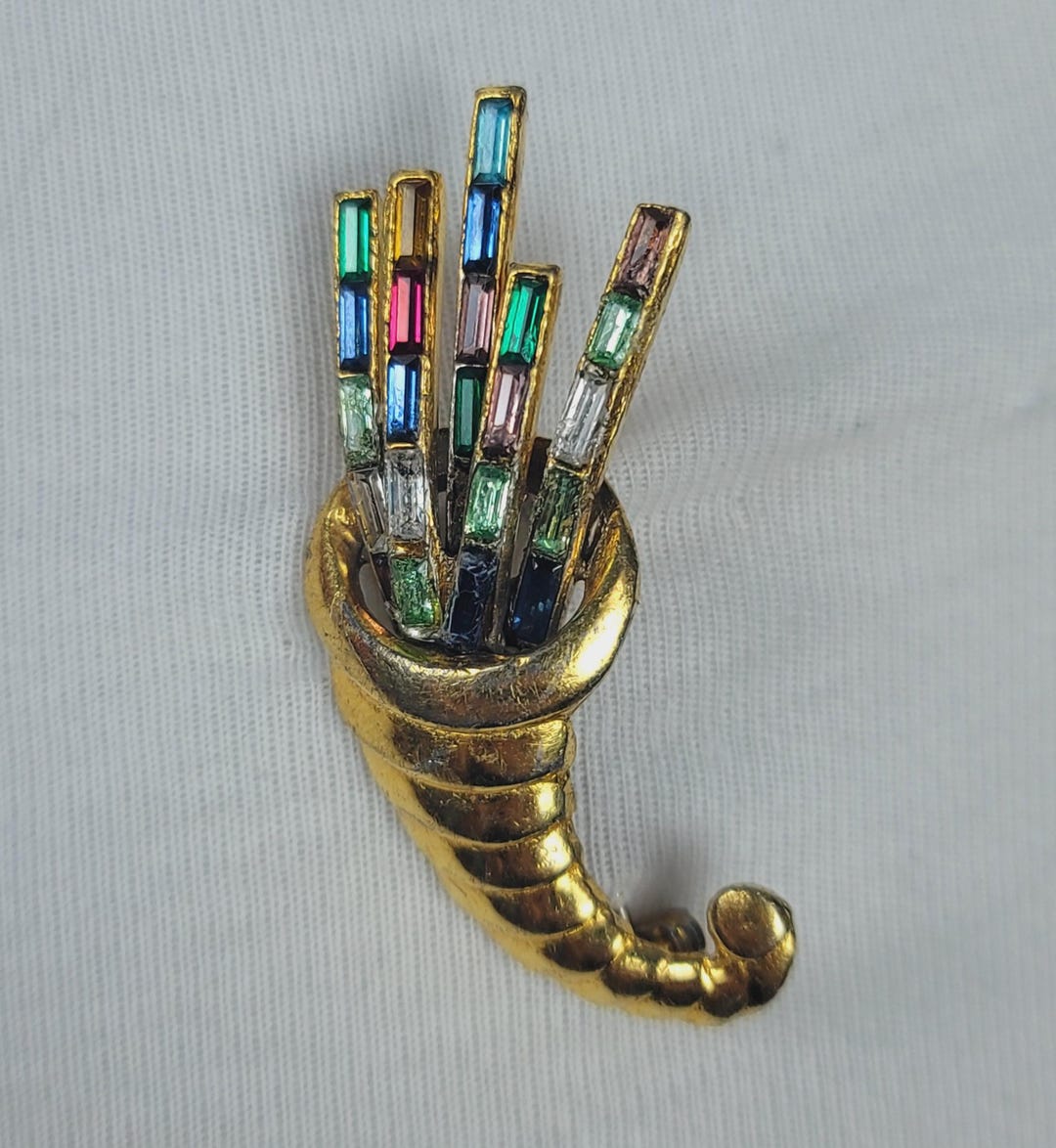 Vintage Gold Tone Cornucopia Horn of Plenty Brooch Pin Multicolored ...