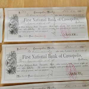 Antique Bank Paper 1885 Promissory Notes First Nat'l Bank Cassopolis MI ...