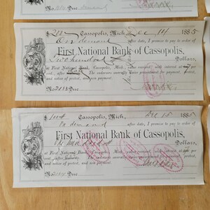 Antique Bank Paper 1885 Promissory Notes First Nat'l Bank Cassopolis MI ...