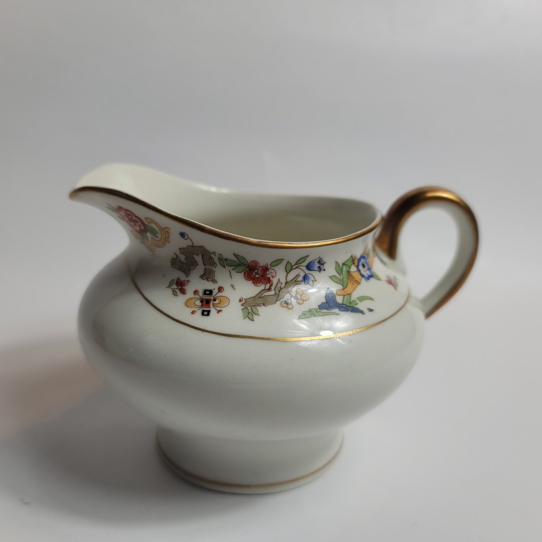 Syracuse Oriental Creamer White Blue Green Tan Floral Border Gold Trim ...